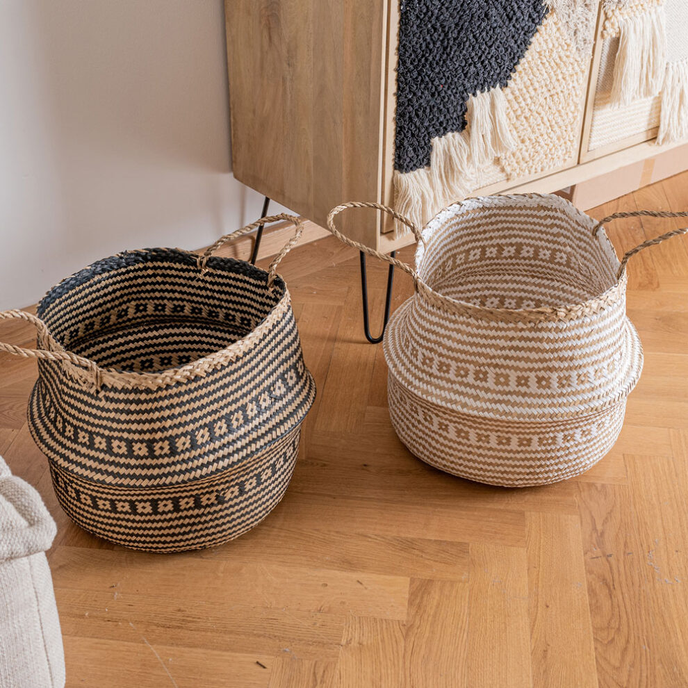 Flettet kurv med hank og sort mønster - Søgræs - ø43 cm x 40 cm | Timberly